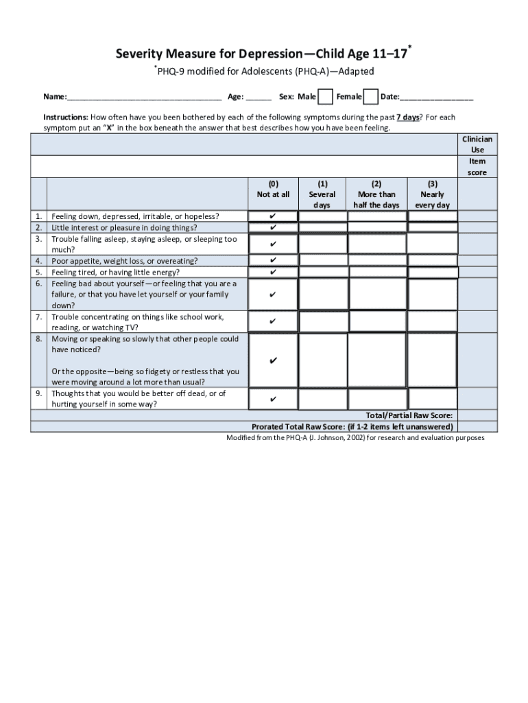 Fillable Online Severity Measure for Depression-Child Age 11-17, PHQ-A ...