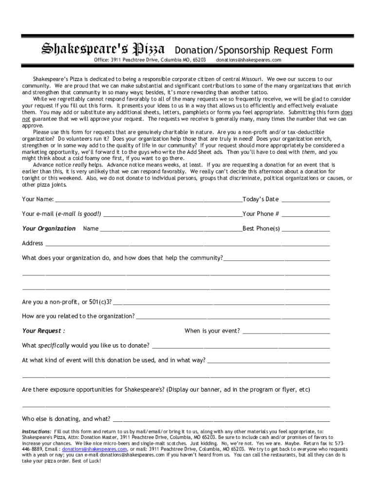 Fillable Online Shakespeare's Pizza Donation/Sponsorship Request Form ...