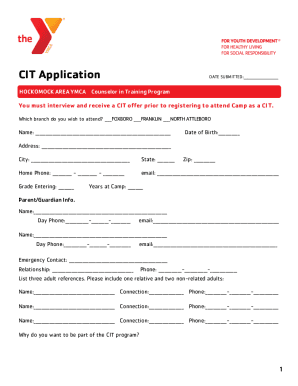 Fillable Online YMCA Camp Foss Counselor In Training (CIT) Program ...