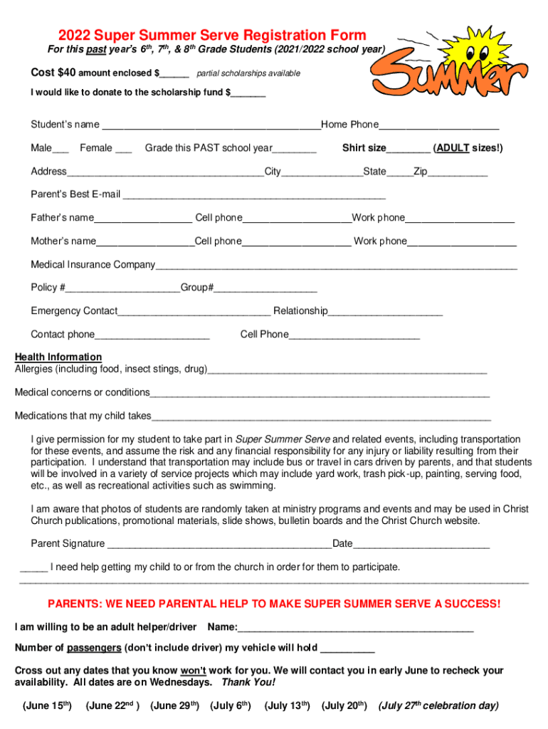 Fillable Online 2022 Super Summer Serve Registration Form Fax Email Print - pdfFiller