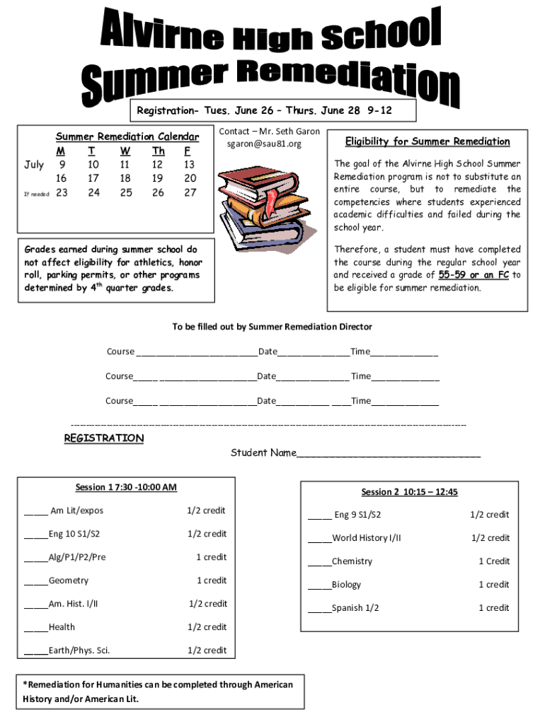Fillable Online Summer Remediation Calendar Fax Email Print - pdfFiller