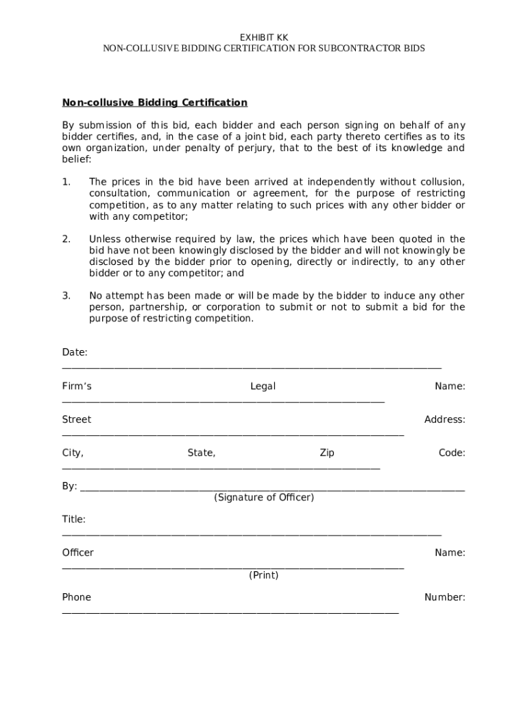 Non-Collusive Bidding Certificate Doc Template | pdfFiller