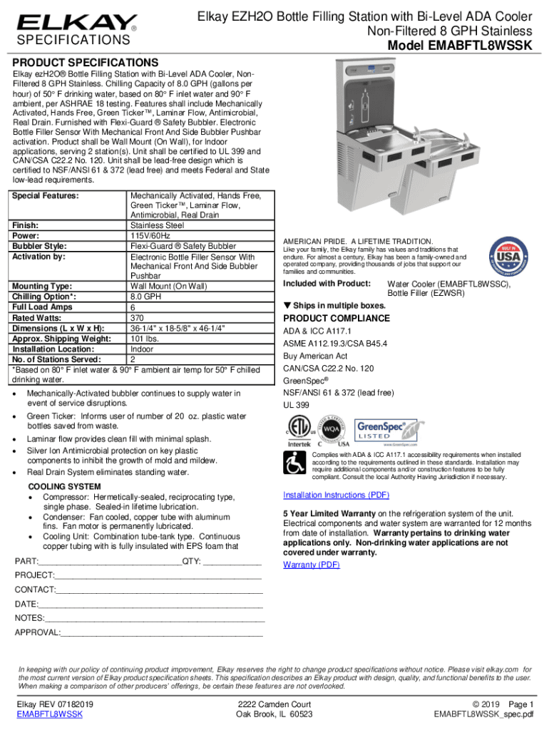 Fillable Online Elkay LMABFTL8WSLK EZH2O Bottle Filling Station with Bi ... Fax Email Print ...