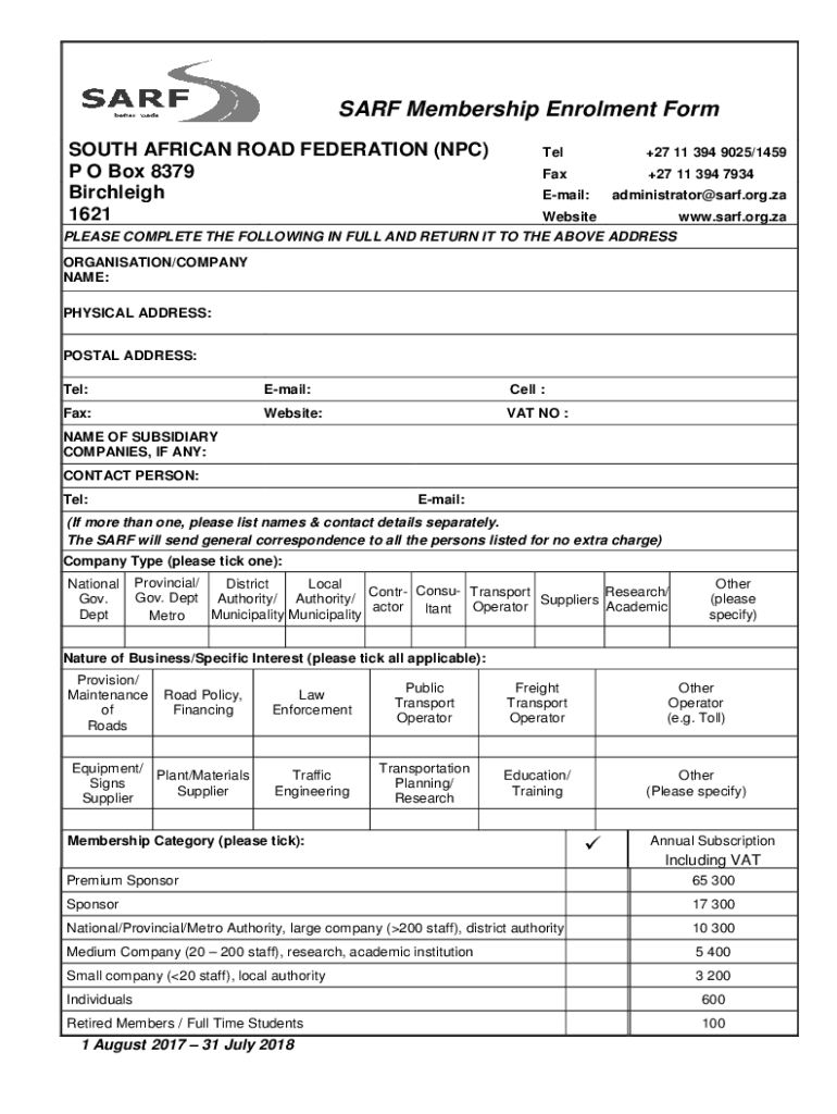 Fillable Online SARF Membership Enrolment Form Fax Email Print - pdfFiller