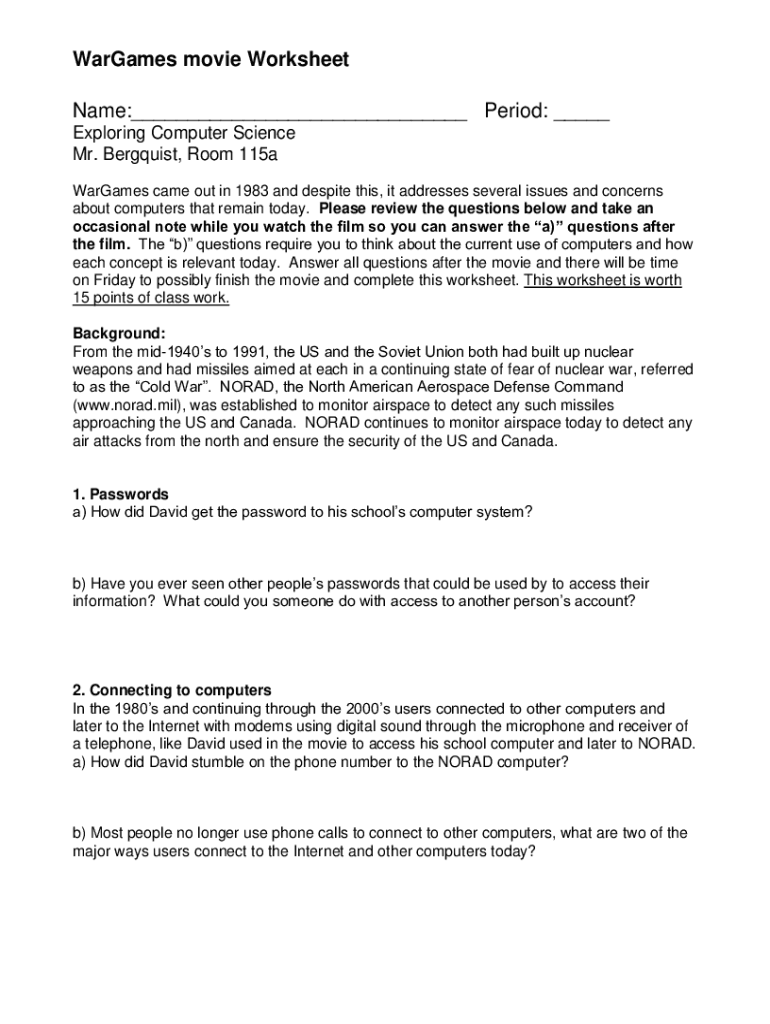 Fillable Online War Games movie questions worksheet answers (25 points ...