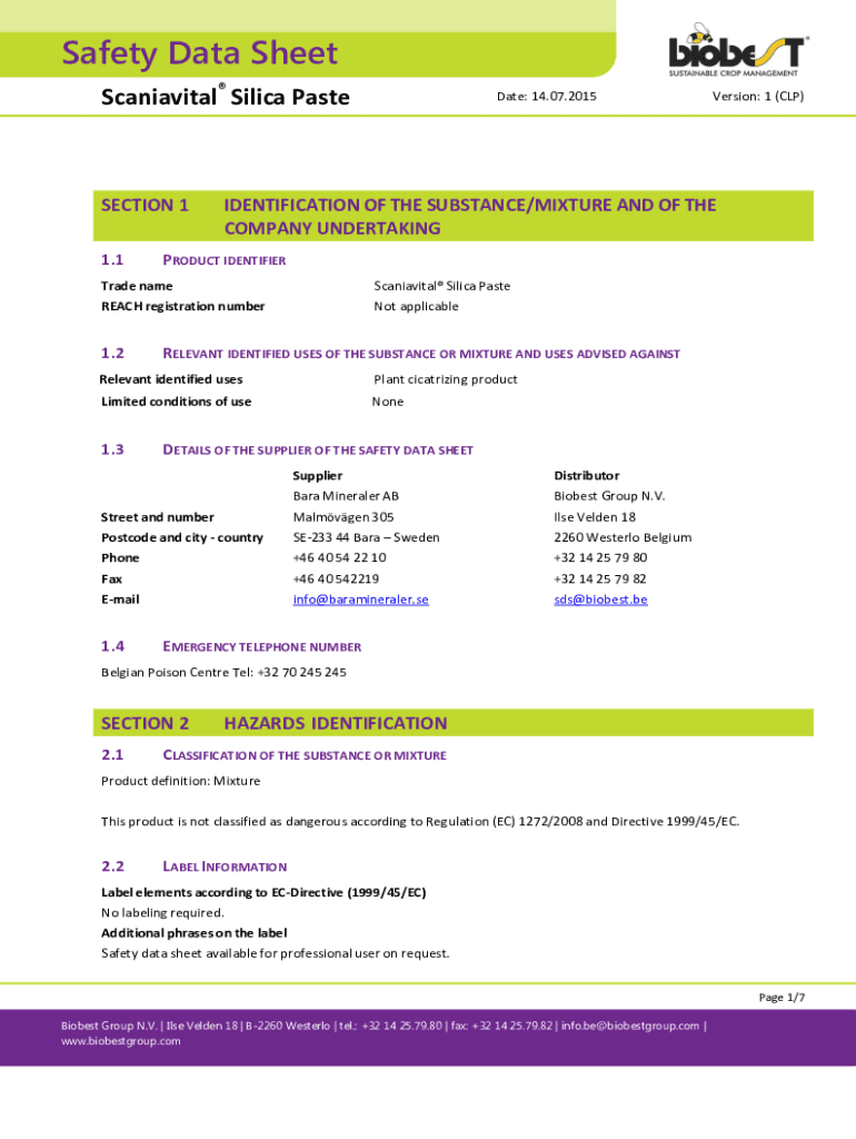Fillable Online Scaniavital Silica Paste - Safety Data Sheet Fax Email ...