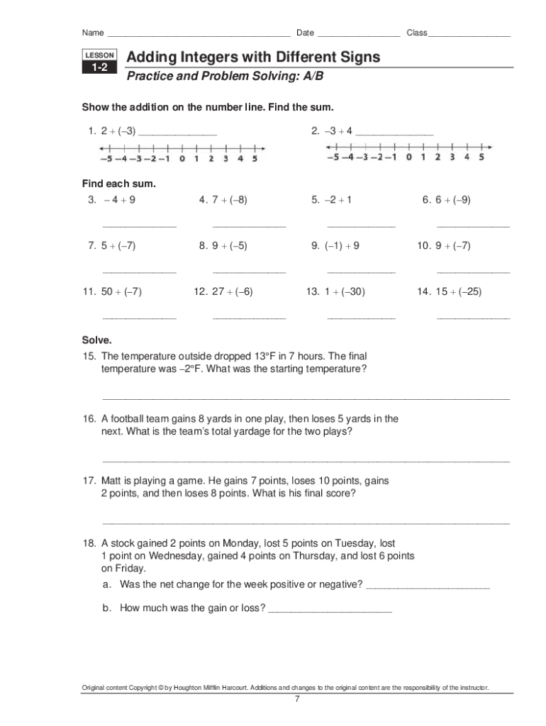 Fillable Online 7th Grade Math 1.2a, Adding Integers with Different Signs on a ... Fax Email ...