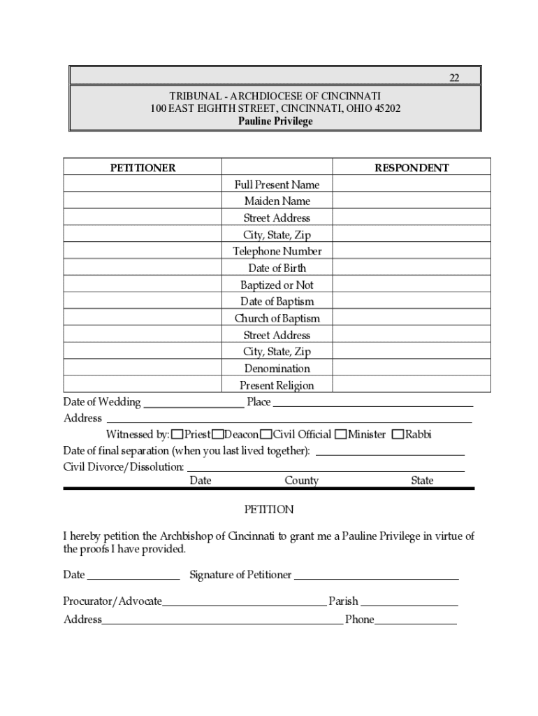 Fillable Online Pauline Privilege Fillable Form - St. Brigid Catholic ...