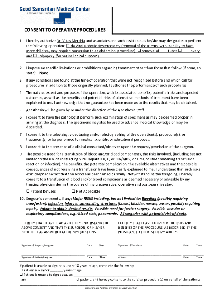 Fillable Online Surgical Consent Steward-Robotic Hysterectomy Fax Email ...
