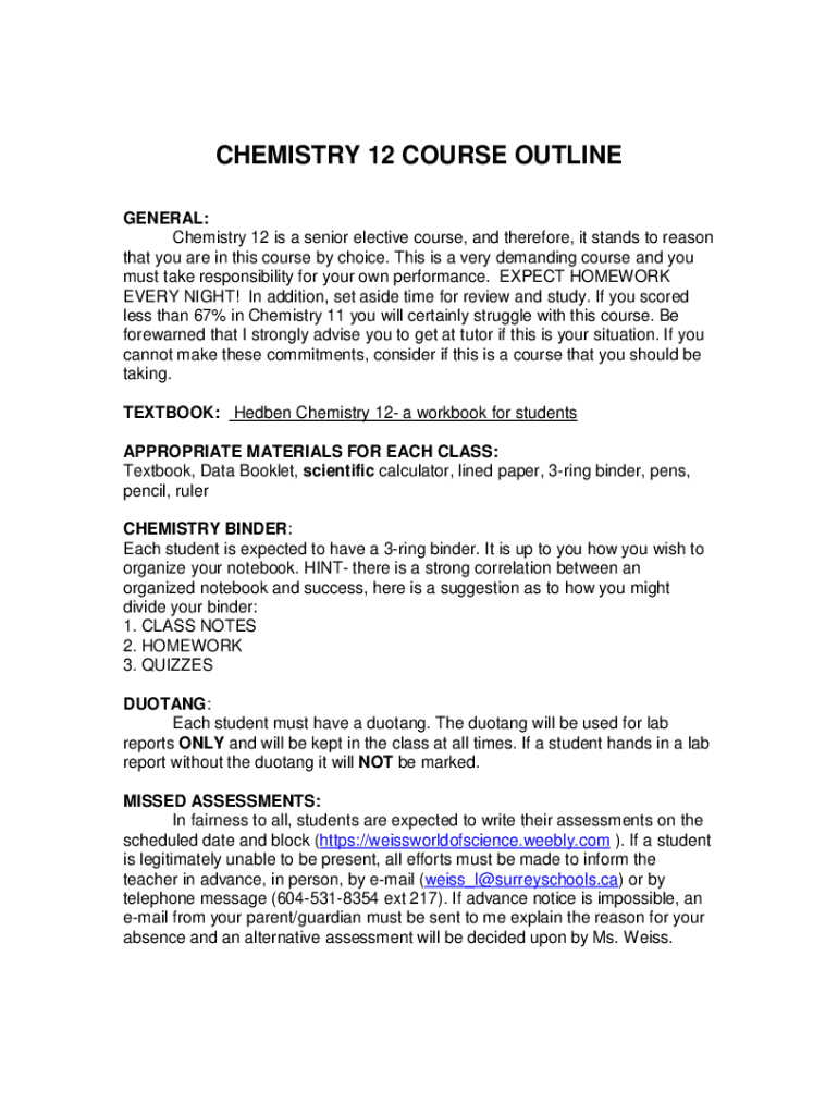 Fillable Online CHEMISTRY 12 COURSE OUTLINE - Weiss World of Science ...