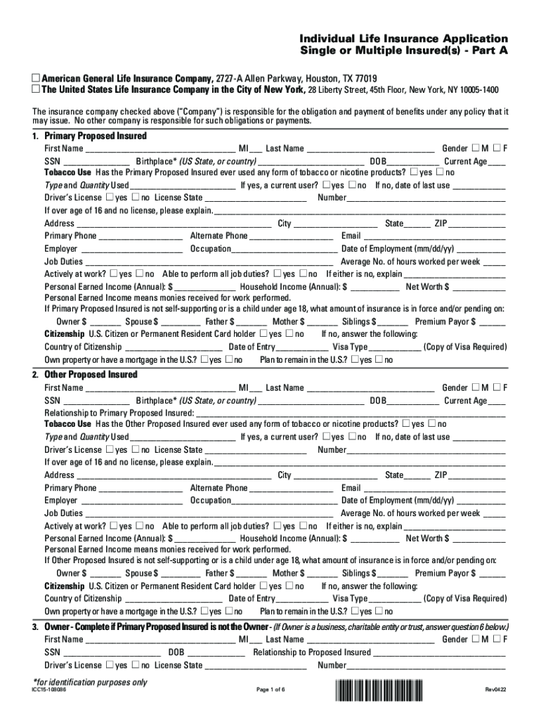 Fillable Online Individual Life Insurance Application Single or ...