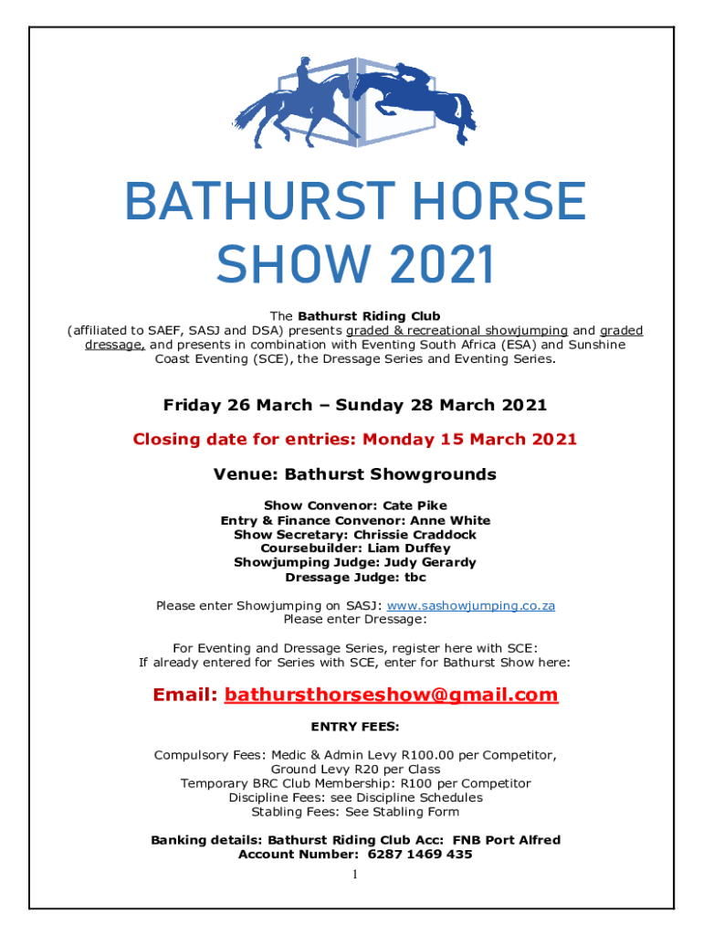Fillable Online THE BATHURST AGRICULTURAL HORSE SHOW Fax Email Print ...