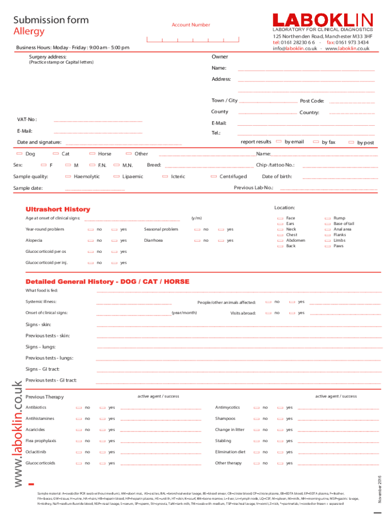 Fillable Online LABOKLIN VETERINARY DIAGNOSTIC LABORATORY (UK) Fax ...