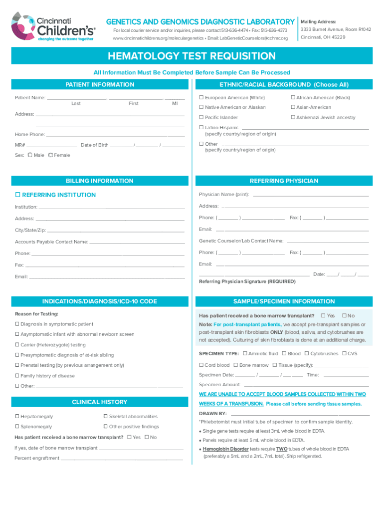 Fillable Online Hematology Test Requisition. Hematology Test ...
