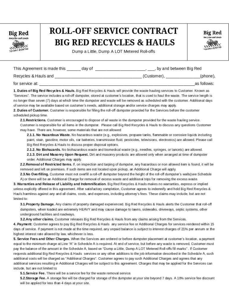 Fillable Online ROLL-OFF SERVICE CONTRACT BIG RED RECYCLES & HAULS Fax ...