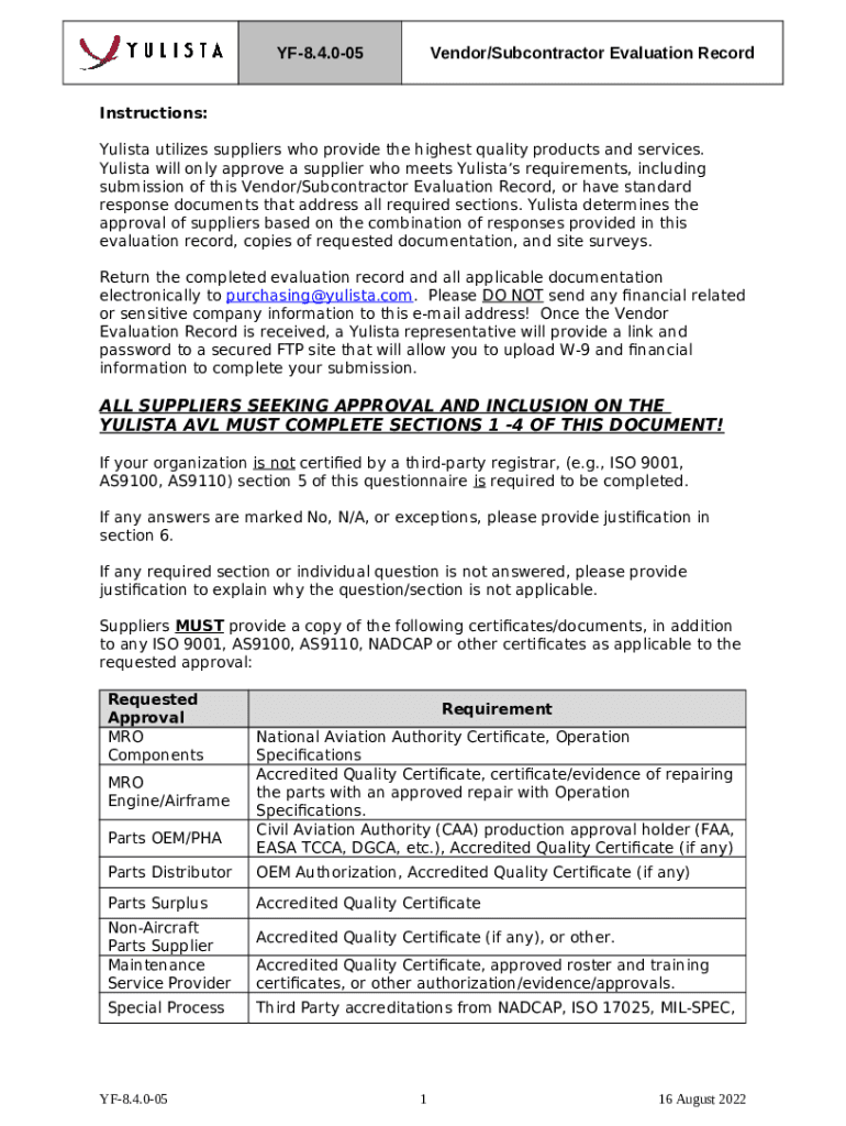 Vendor/Subcontractor Evaluation Record Doc Template | pdfFiller