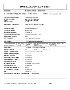 Fillable Online MATERIAL SAFETY DATA SHEET CHLORINE TABLETS Fax Email ...