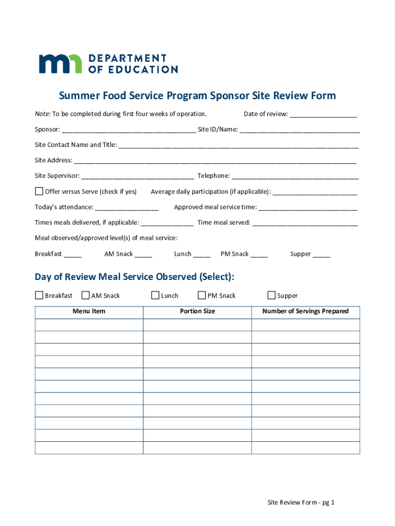 Fillable Online Summer Food Service Program Sponsor Site Review Form ...