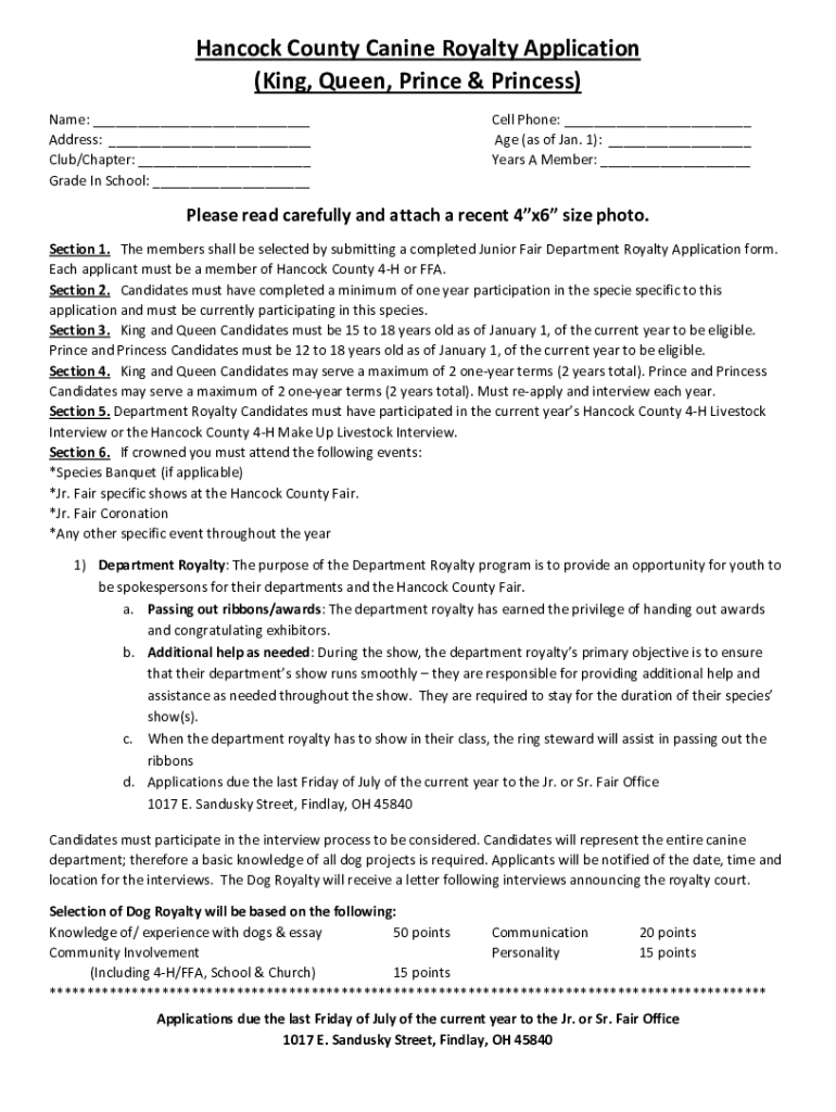 Fillable Online Hancock County Canine Royalty Application (King, Queen ...