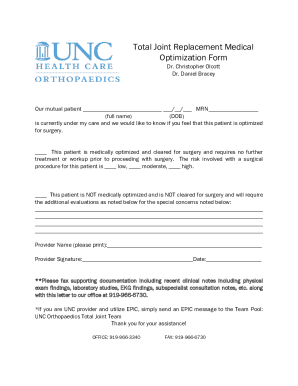 Fillable Online Total Joint Replacement Medical Optimization Form Fax ...