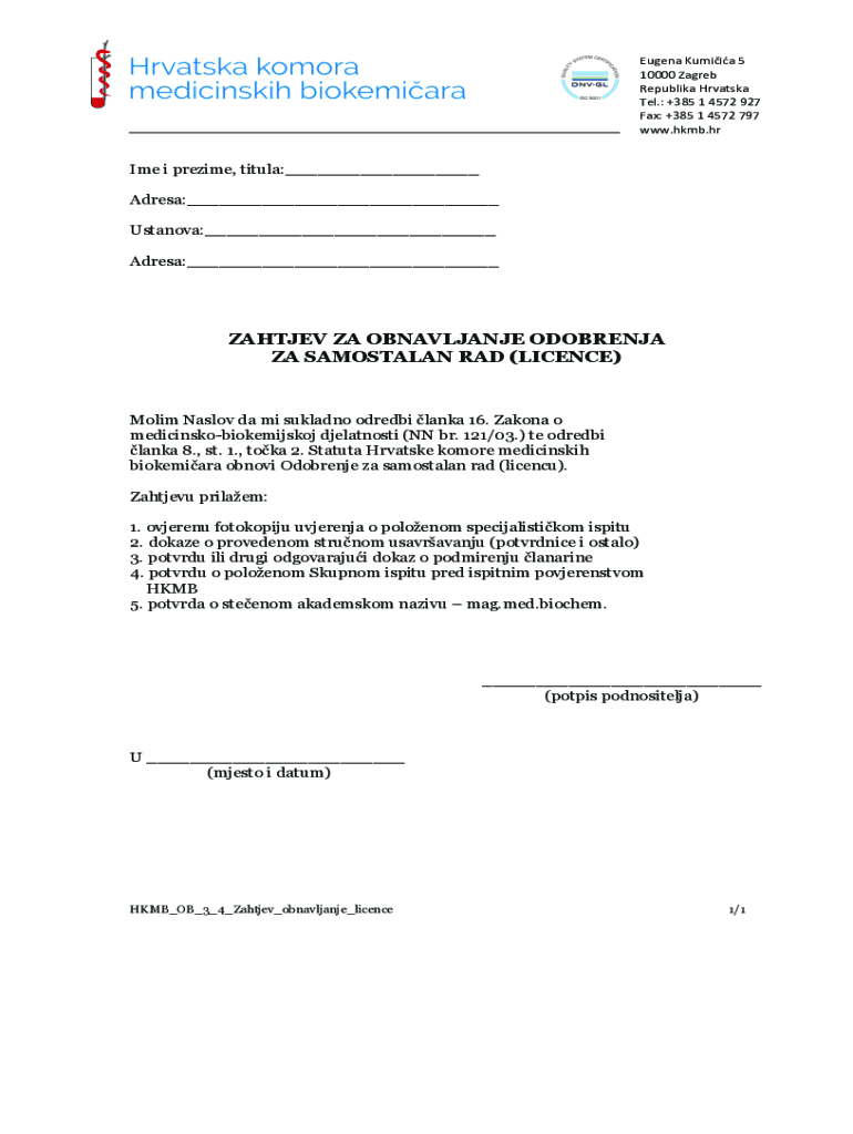 Fillable Online ZAHTJEV ZA OBNAVLJANJE ODOBRENJA ZA ... Fax Email Print - pdfFiller