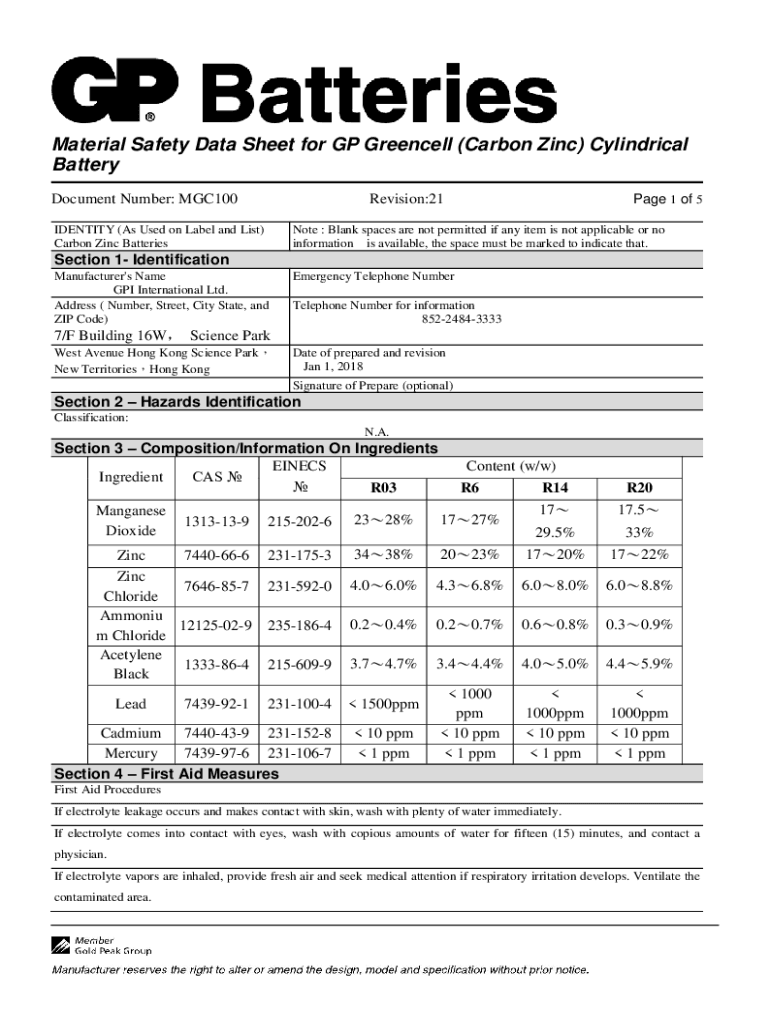 Fillable Online Safety Data Sheet for GP 9V Carbon Zinc & Zinc Chloride ...