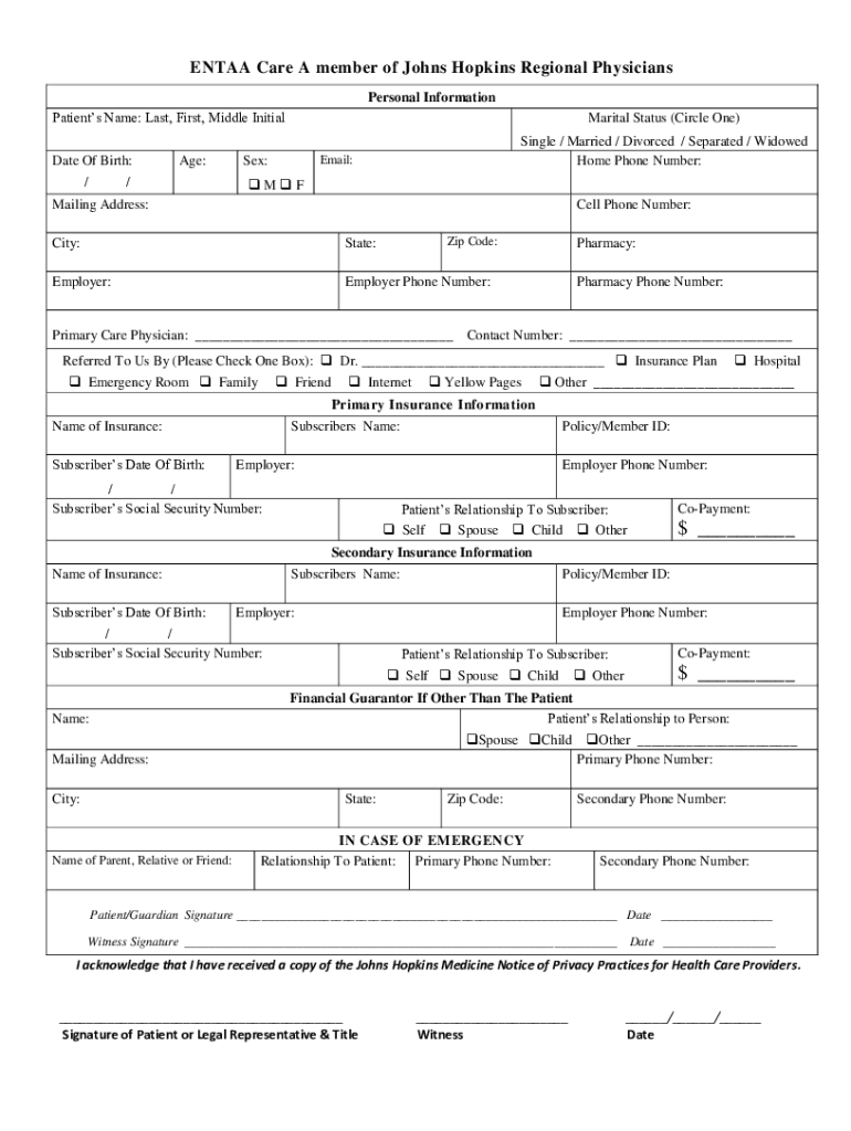 Fillable Online ENTAA Care A member of Johns Hopkins Regional ... Fax ...
