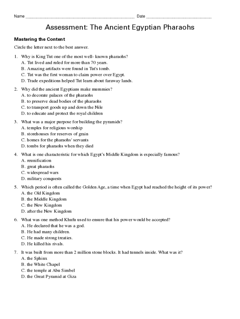 Fillable Online Get the free Assessment The Ancient Egyptian Pharaohs ...