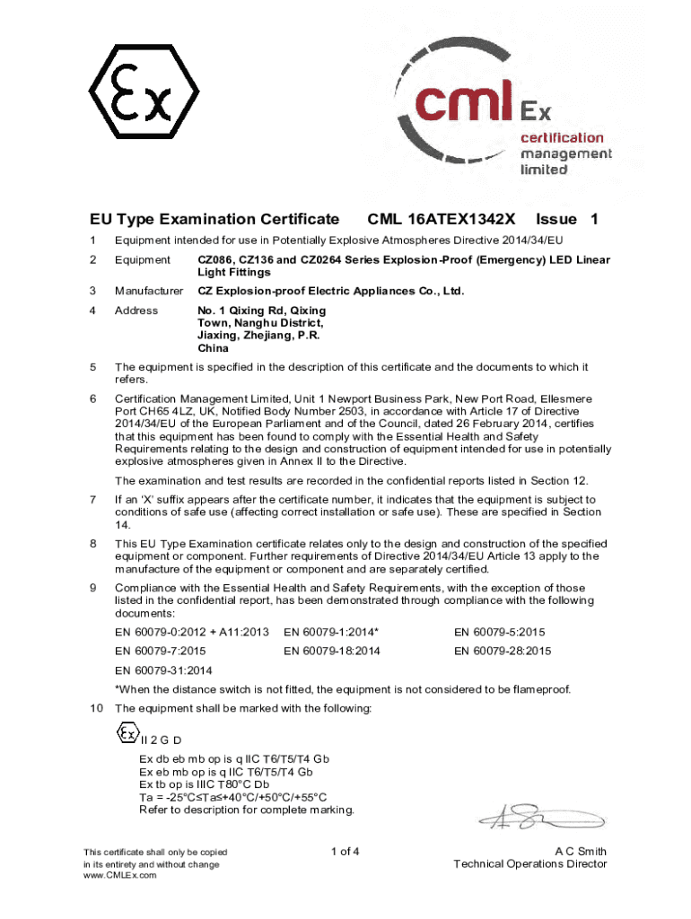 Fillable Online EU Type Examination Certificate CML 16ATEX1342X Issue 1 Fax Email Print - pdfFiller