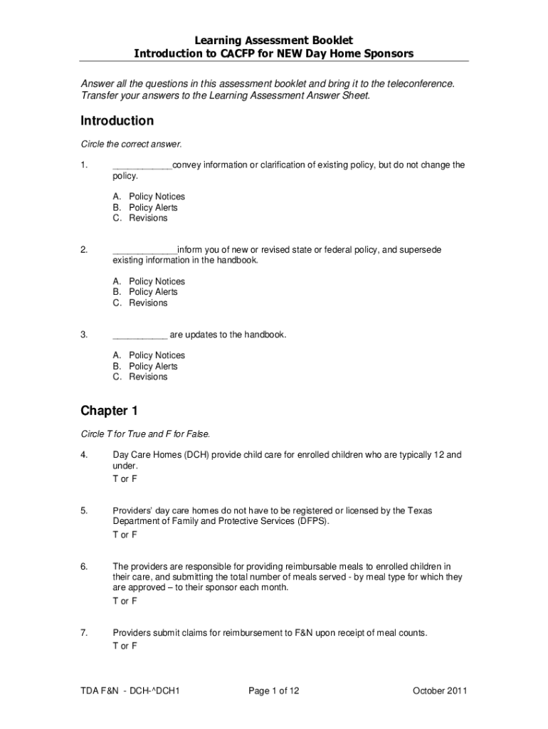Fillable Online Learning Assessment Booklet Introduction to CACFP for ...