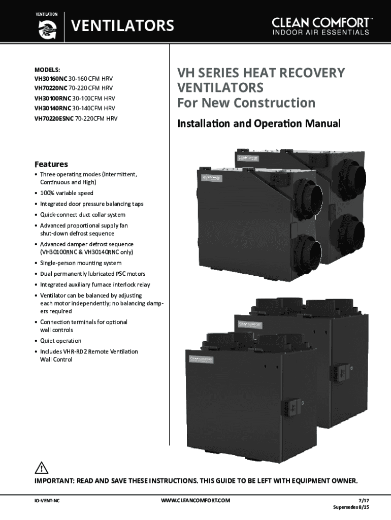Fillable Online Clean Comfort 220 CFM Heat Recovery Ventilator (HRV ...