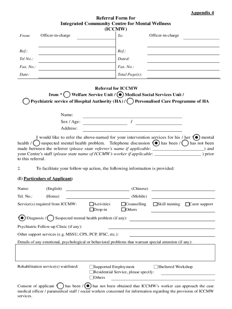 Fillable Online Referral Form for Integrated Community Centre for Mental ... Fax Email Print ...