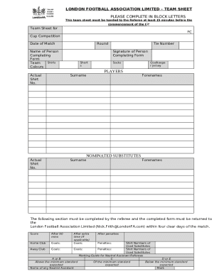 London FA County Cup Team Sheet Doc Template | pdfFiller