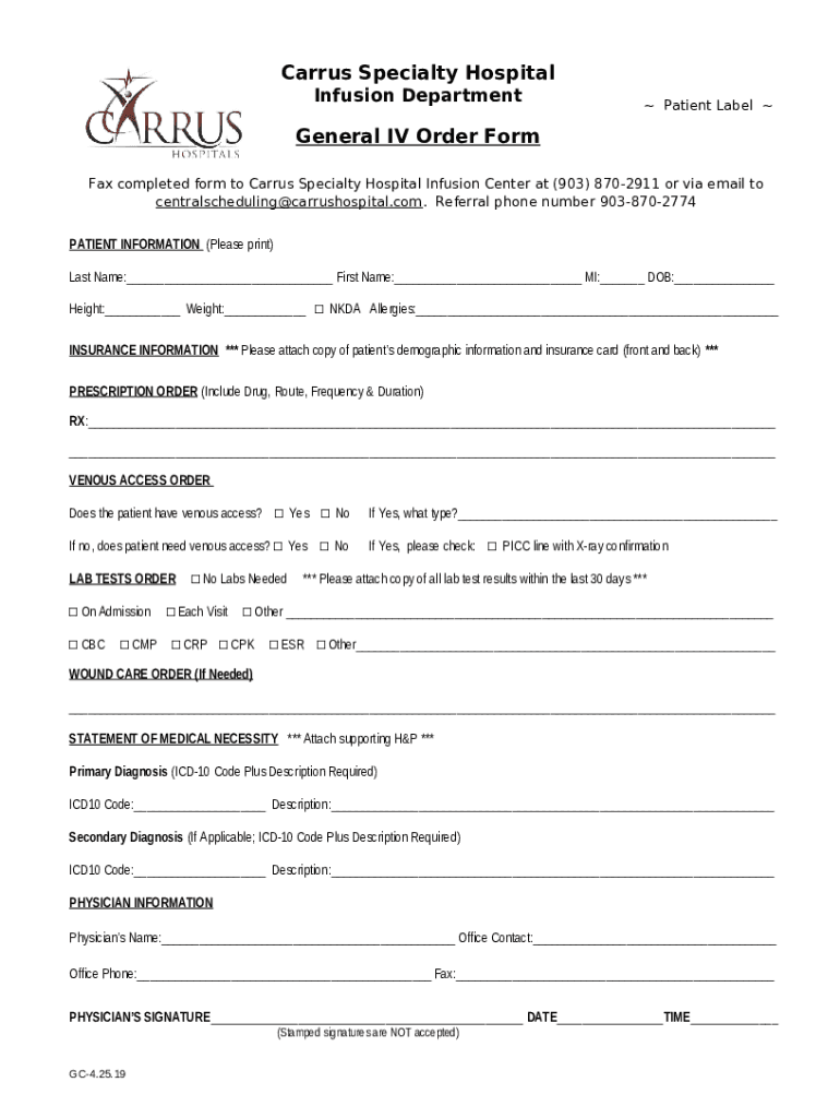 Prescription Order - Carrus Specialty Hospital Doc Template | pdfFiller
