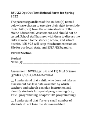 Fillable Online 2022 RSU 22 Opt Out Test Refusal Form for Spring 2022 ...
