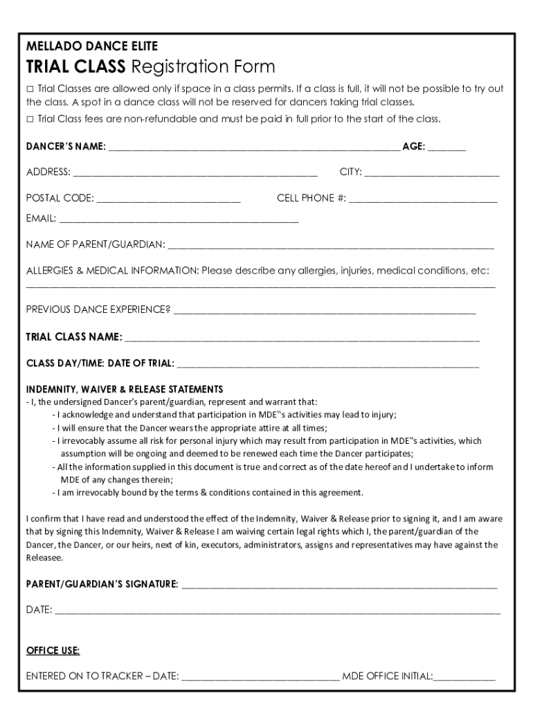 Fillable Online Get TRIAL CLASS REGISTRATION FORM - Mellado Dance Elite Fax Email Print - pdfFiller