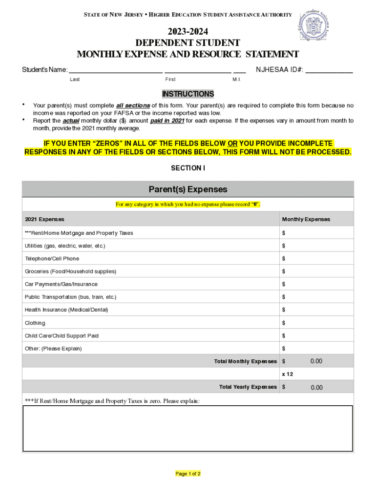 Fillable Online How to do the Dependent Student Monthly Expense and ...