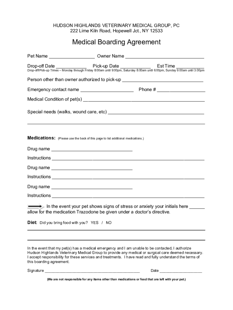 Fillable Online Form - Medical Boarding Agreement.doc Fax Email Print ...