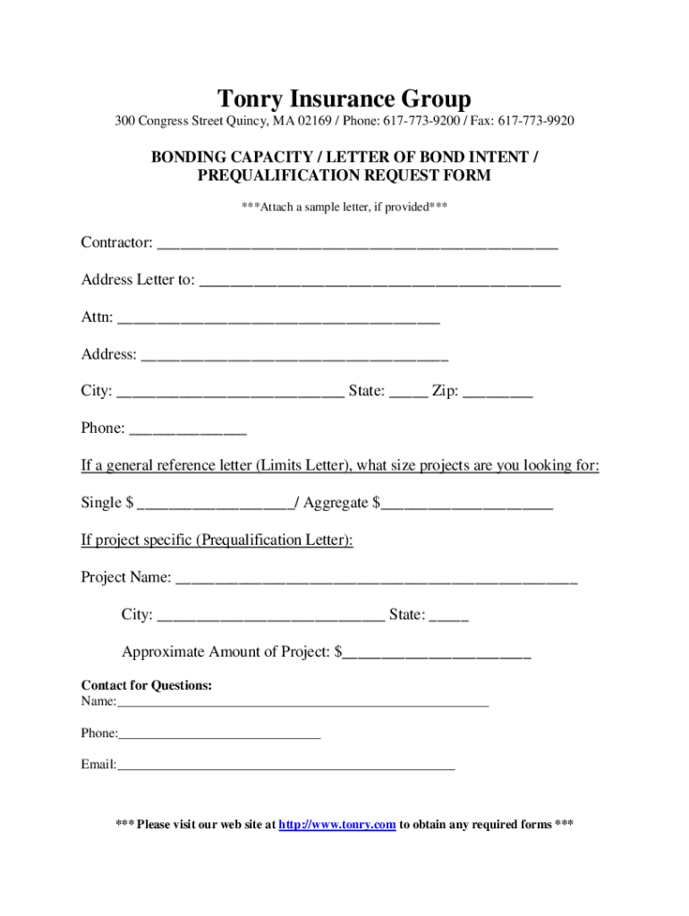 Fillable Online Bonding Capacity Prequalification Request Form Fax ...
