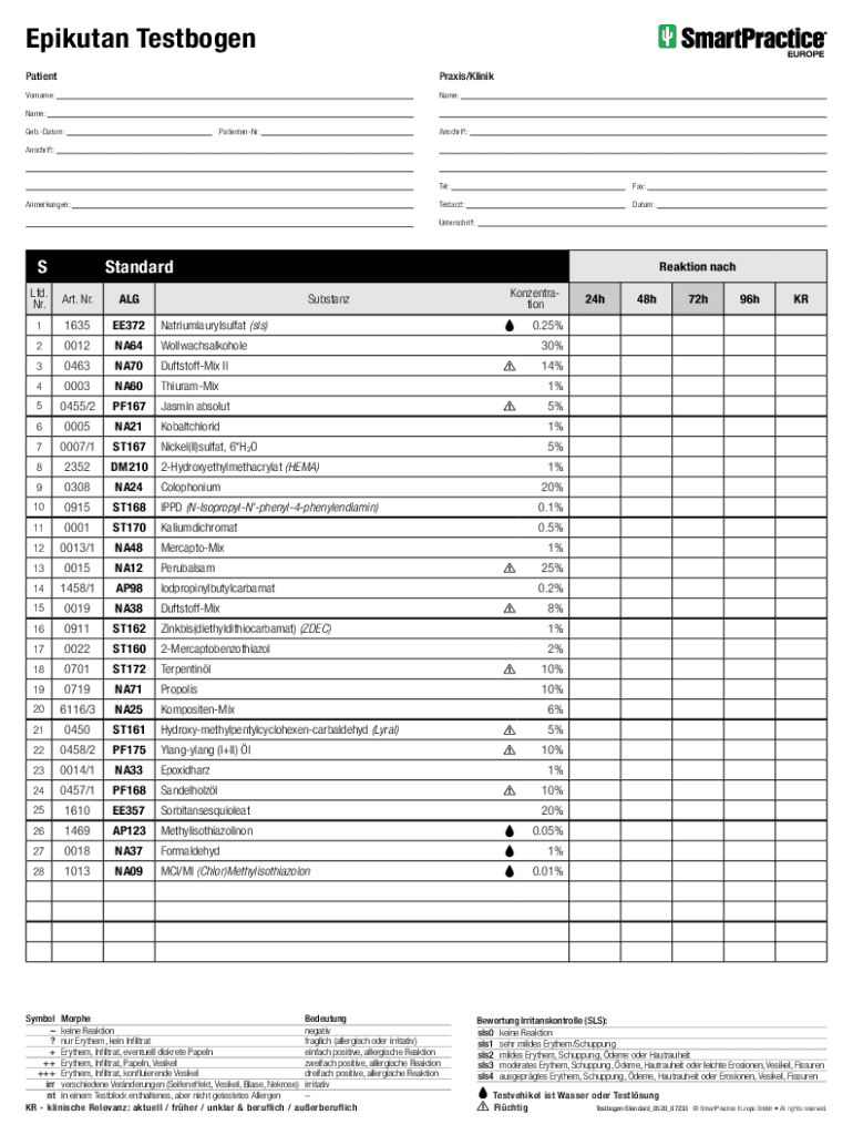 Ausfüllbar Online 827142018 SPE Epikutan Testbogen-Allergen Patient ...