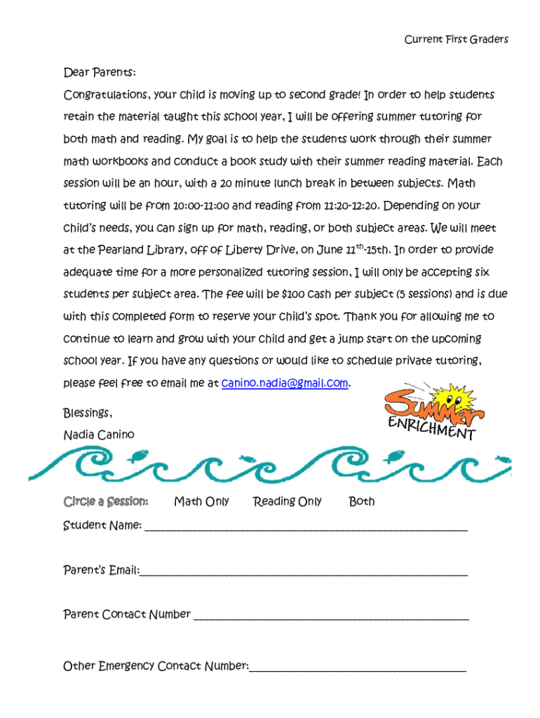 Fillable Online Dear Parents: Congratulations, your child is moving up ...