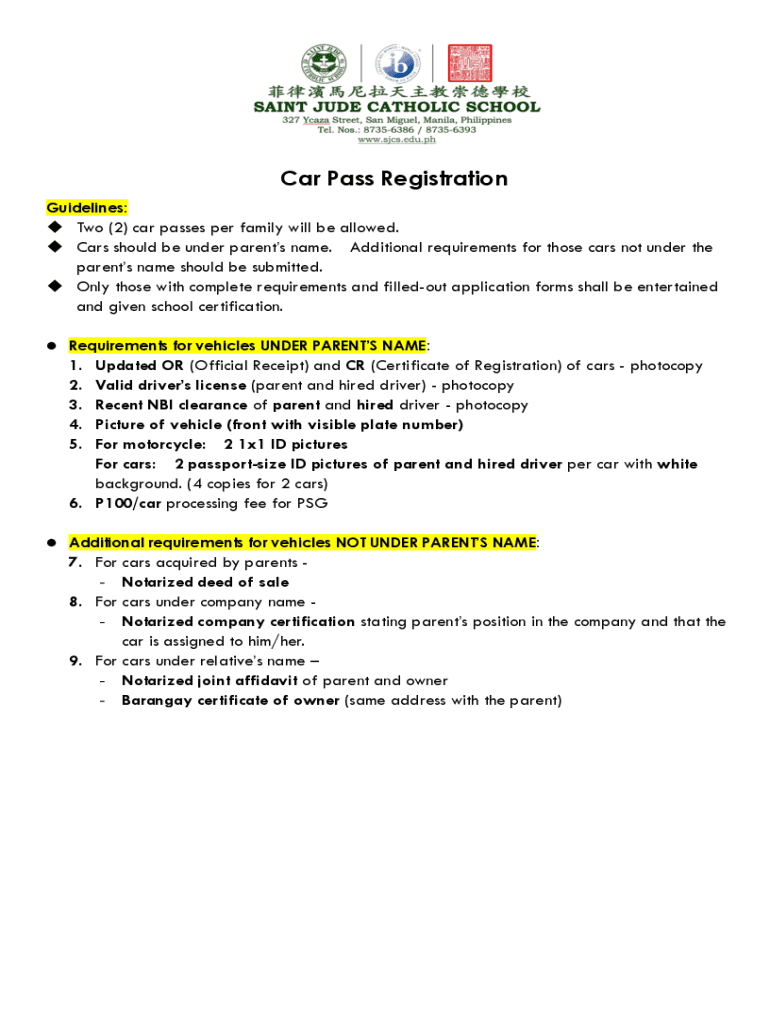 Fillable Online sjcs edu Car Pass Registration Fax Email Print - pdfFiller