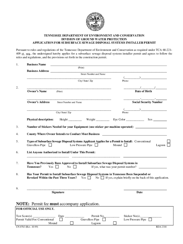 Fillable Online APPLICATION FOR SUBSURFACE SEWAGE DISPOSAL SYSTEMS ...