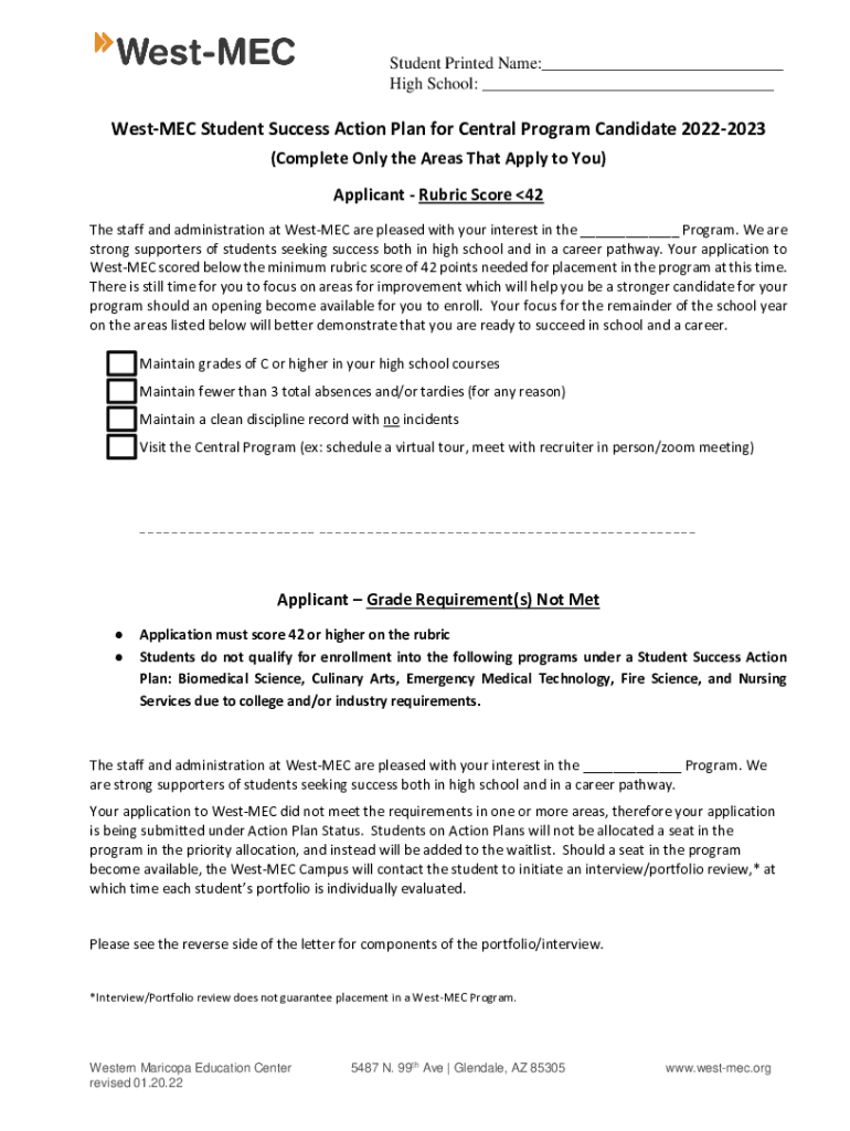 Fillable Online West-MEC Student Success Action Plan for Central Program ... Fax Email Print ...