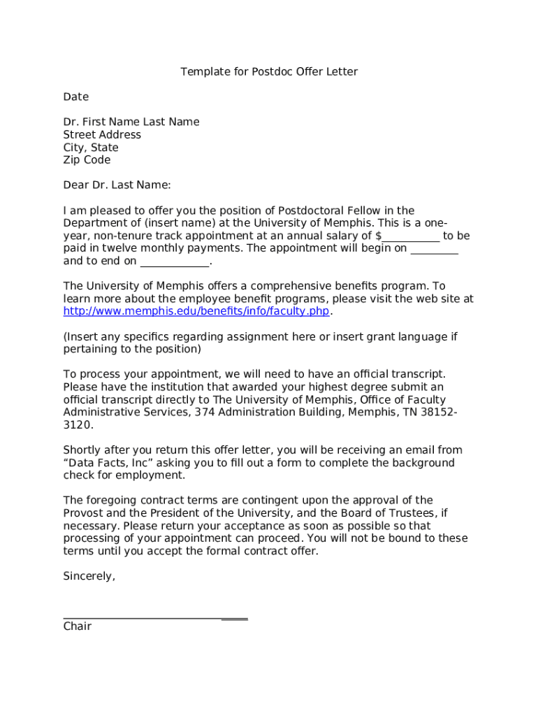 Standard sample offer letter for Postdoctoral Fellows who ... Doc ...