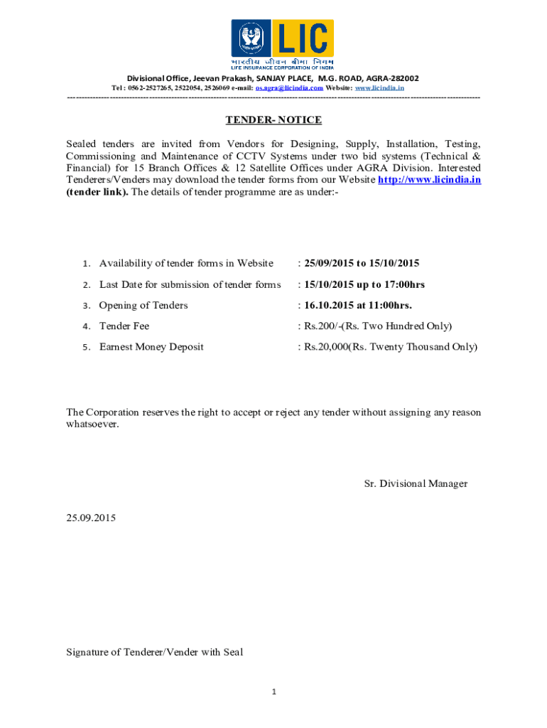 Fillable Online TENDER- NOTICE Sealed tenders are invited from Vendors ...