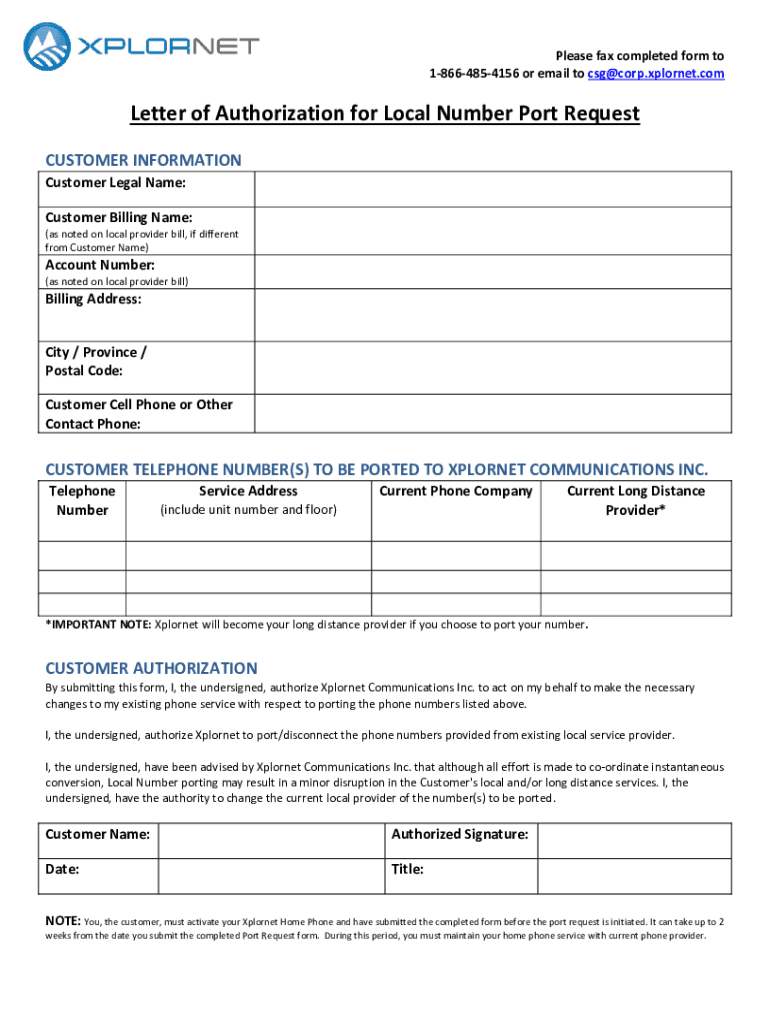 Fillable Online Letter of Authorization for Local Number Port Request Fax Email Print - pdfFiller