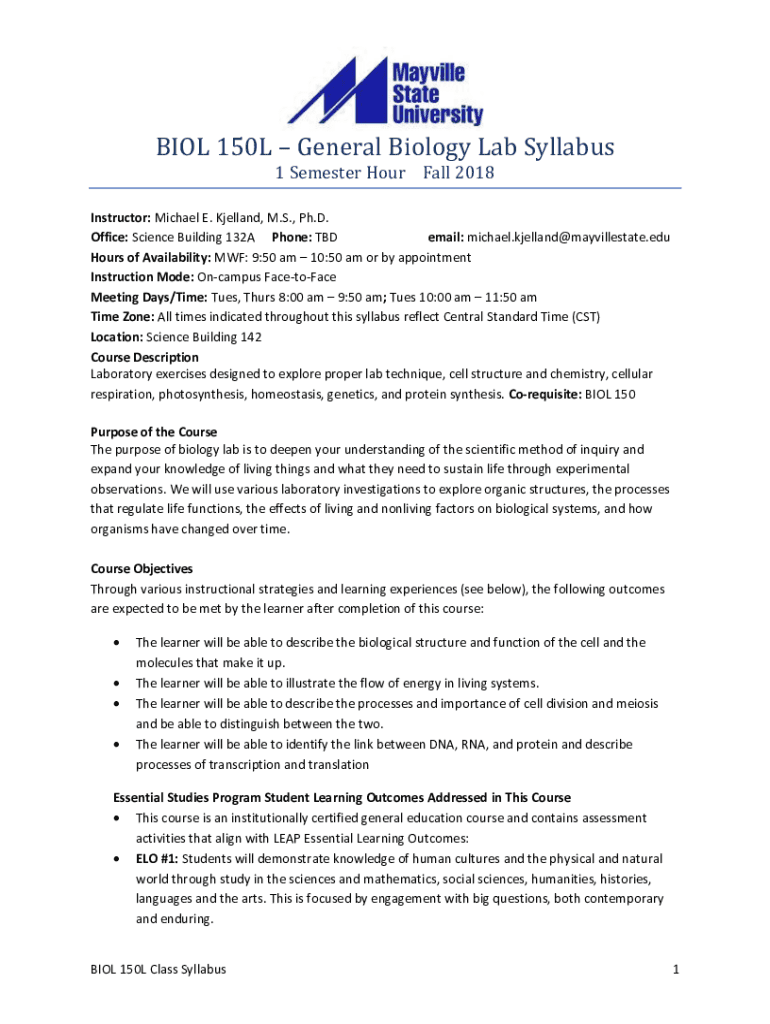 Fillable Online BIOL 150LGeneral Biology Lab Syllabus Fax Email Print ...