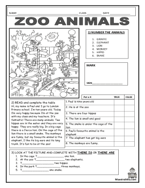 Fillable Online 1) number the animals - 1. giraffe 2. elephant 3. lion ...