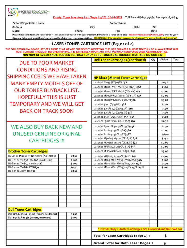Fillable Online Toner List - Fill Online, Printable, Fillable, Blank ...